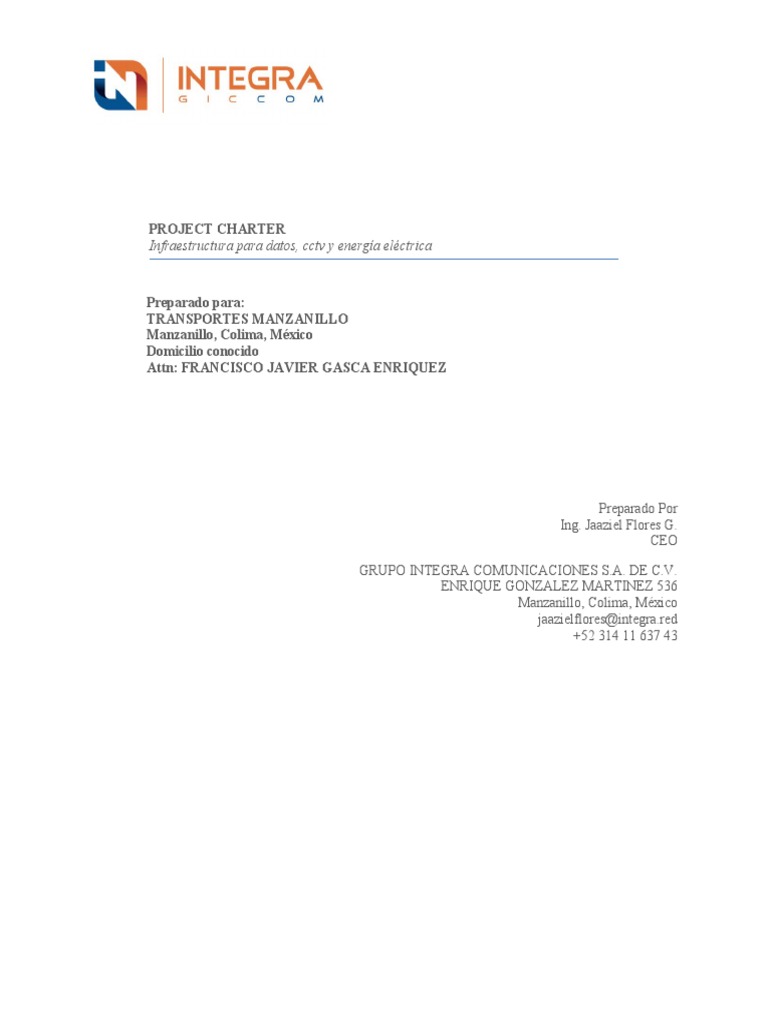 EJEMPLO de PROJECT CHARTER para PROYECTOS INTEGRA | PDF | Circuito cerrado de televisión ...