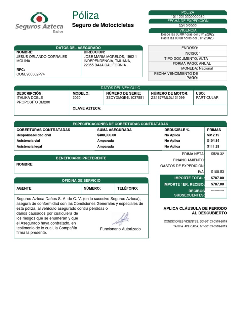 Póliza: Seguro de Motocicletas | PDF | Seguro