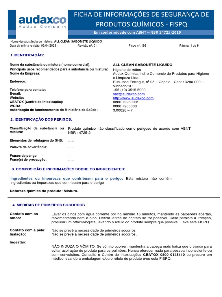 FISPQ - Sabonete Líquido | PDF | Embalagem e rotulagem | Vapor