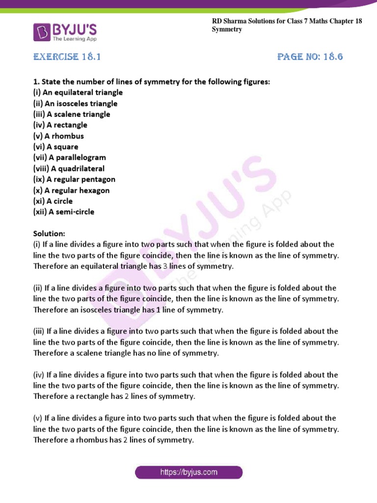 RD Sharma Solutions for Class 7 Maths Chapter 18 Symmetry | PDF | Rectangle | Elementary Geometry