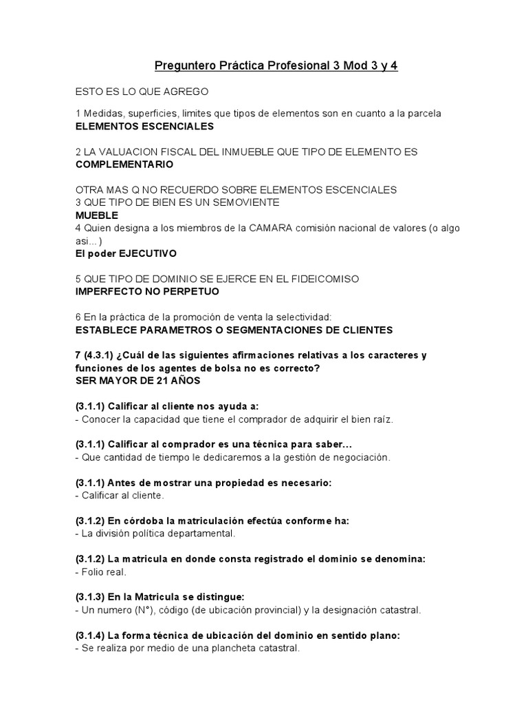 Preguntero Practica Profesional 3 Mod 3 y 4 | PDF | Ley de fideicomiso ...