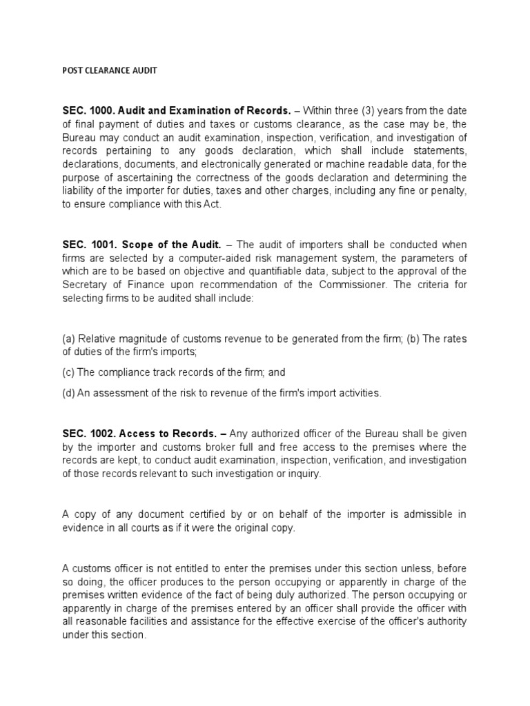 POST CLEARANCE AUDITI (Sec 1000-1006) | PDF | Audit | Taxes
