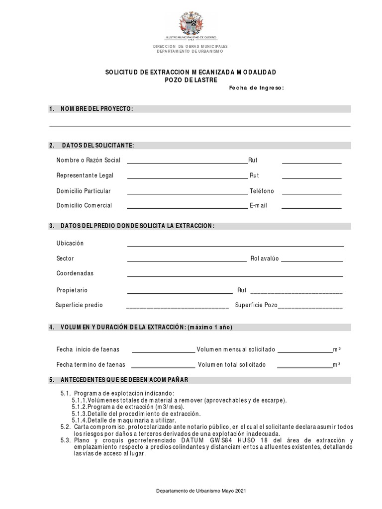Formulario Solicitud Extraccion Arido Pozo Lastre Mayo 2021 | PDF
