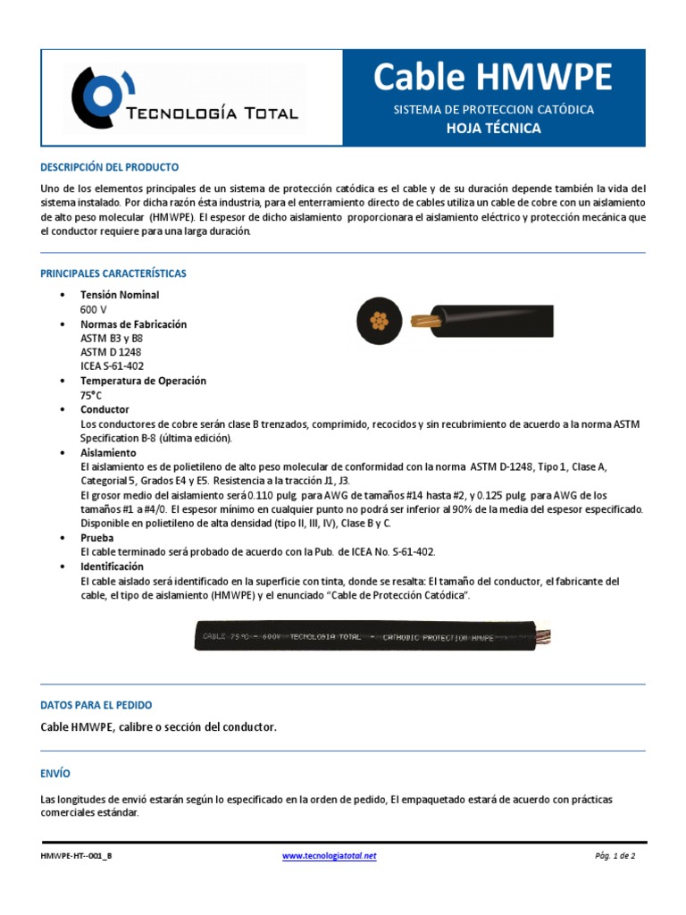 Cable HMWPE para Protección Catódica | PDF | Conductor electrico ...