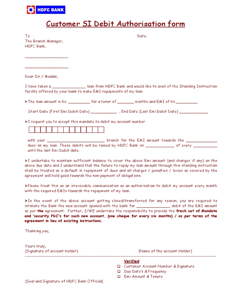 Customer SI Debit Authorisation Form | PDF | Banks | Debit Card