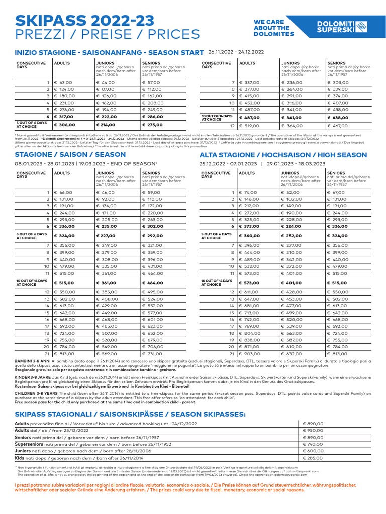 Prezzi Skipass Dolomiti Superski 2022 2023 Pdf