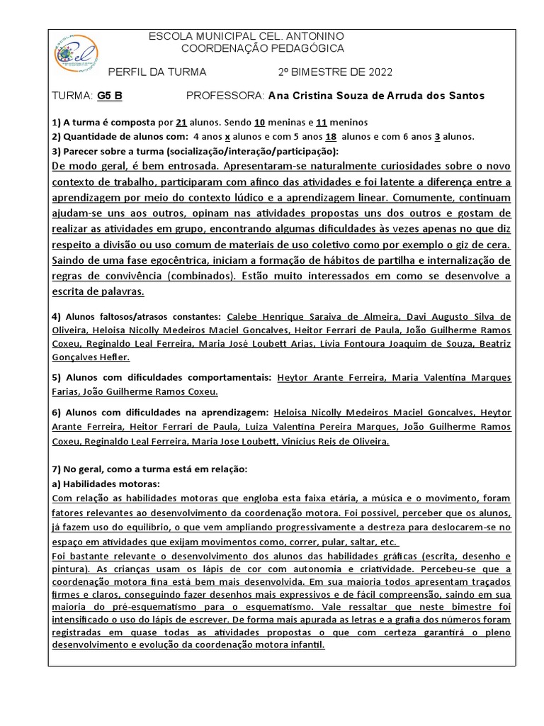 PERFIL DA TURMA ED INF 2022 - 2 Bim | PDF | Escrita | Números