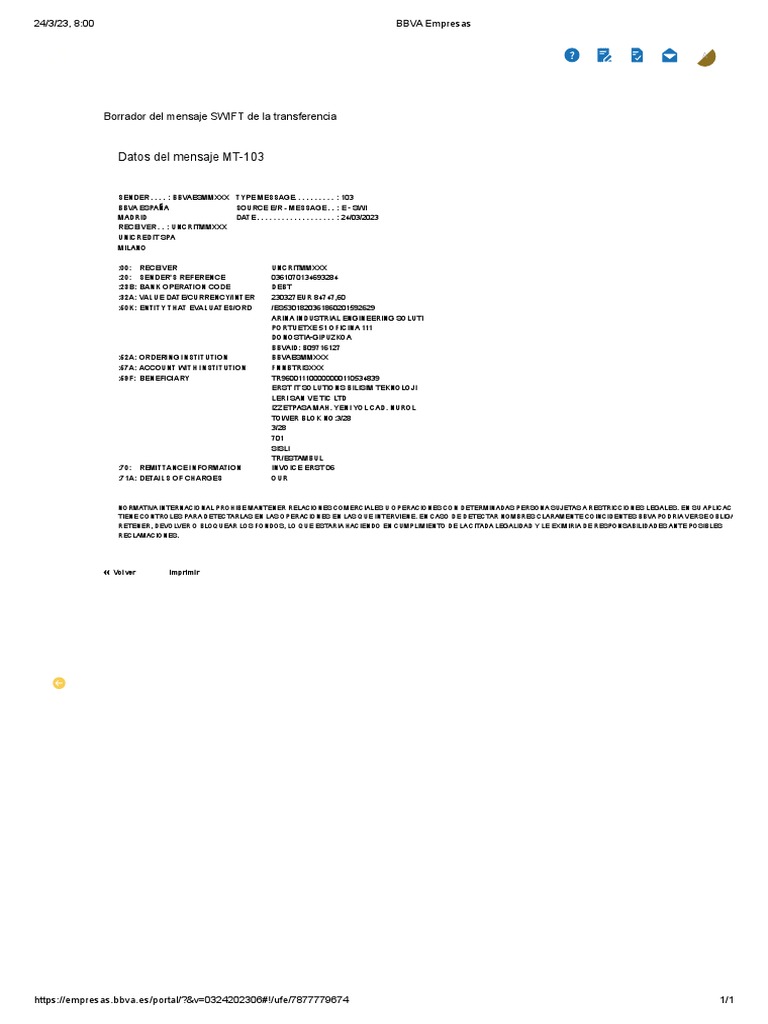 Mensaje SWIFT MT-103 BBVA | PDF
