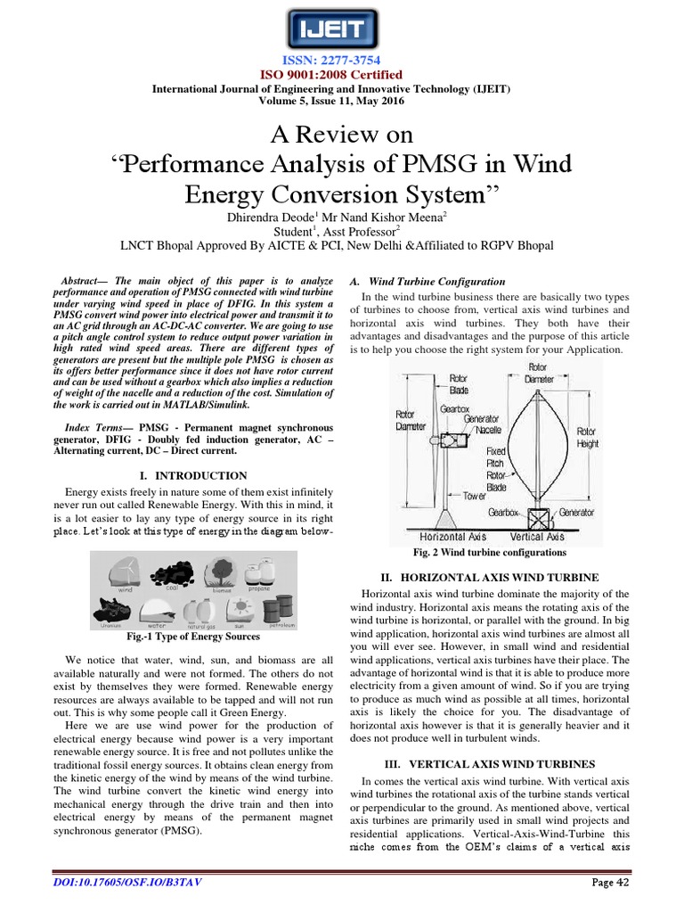 A Review On Performance Analysis Of Pmsg In Wind Energy Conversion