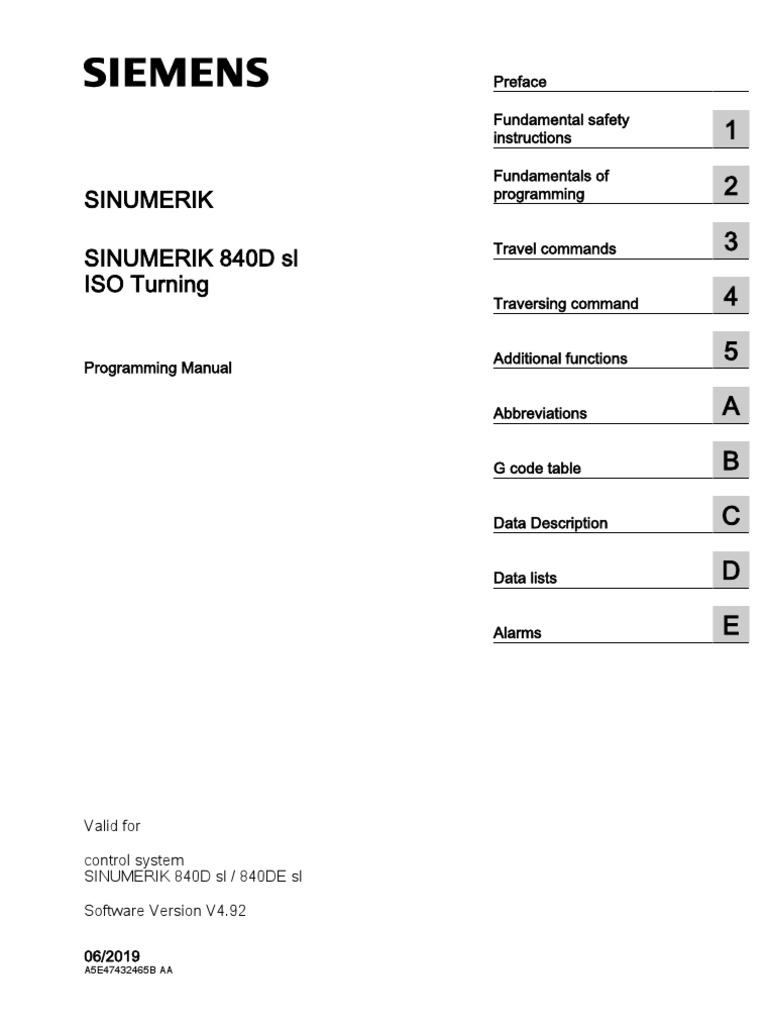 Sinumerik Sinumerik 840D SL ISO Turning: 1 2 3 4 5 A B C D E | PDF ...
