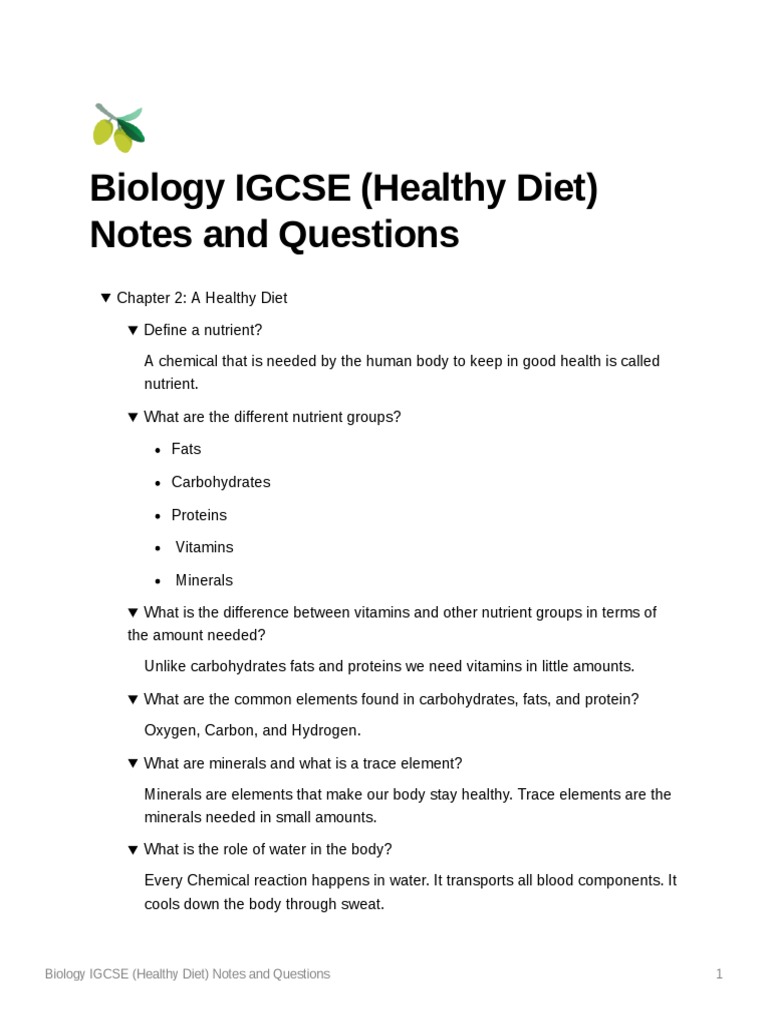 Biology IGCSE (Healthy Diet) Notes and Questions 1 | PDF ...