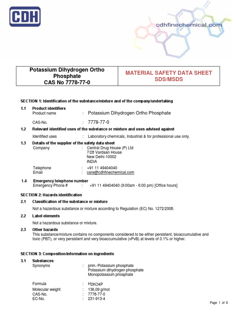 Potassium Dihydrogen Ortho Phosphate CAS No 7778-77-0: Material Safety Data Sheet Sds/Msds | PDF ...