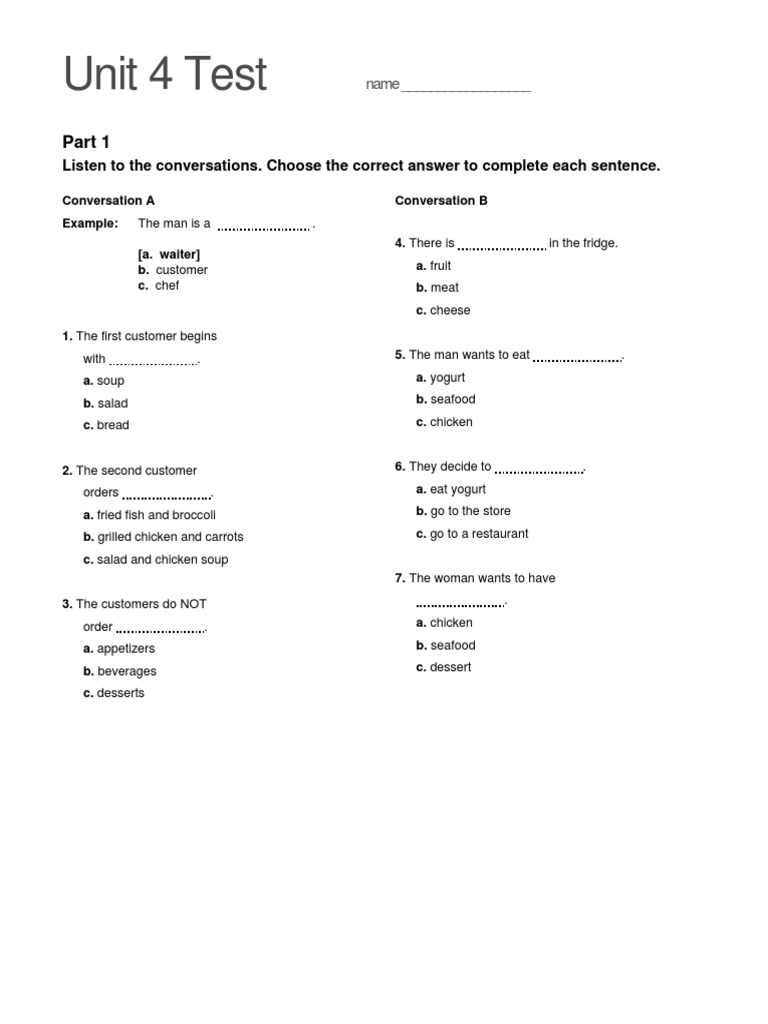 Unit 4 Test: Listen To The Conversations. Choose The Correct Answer To ...