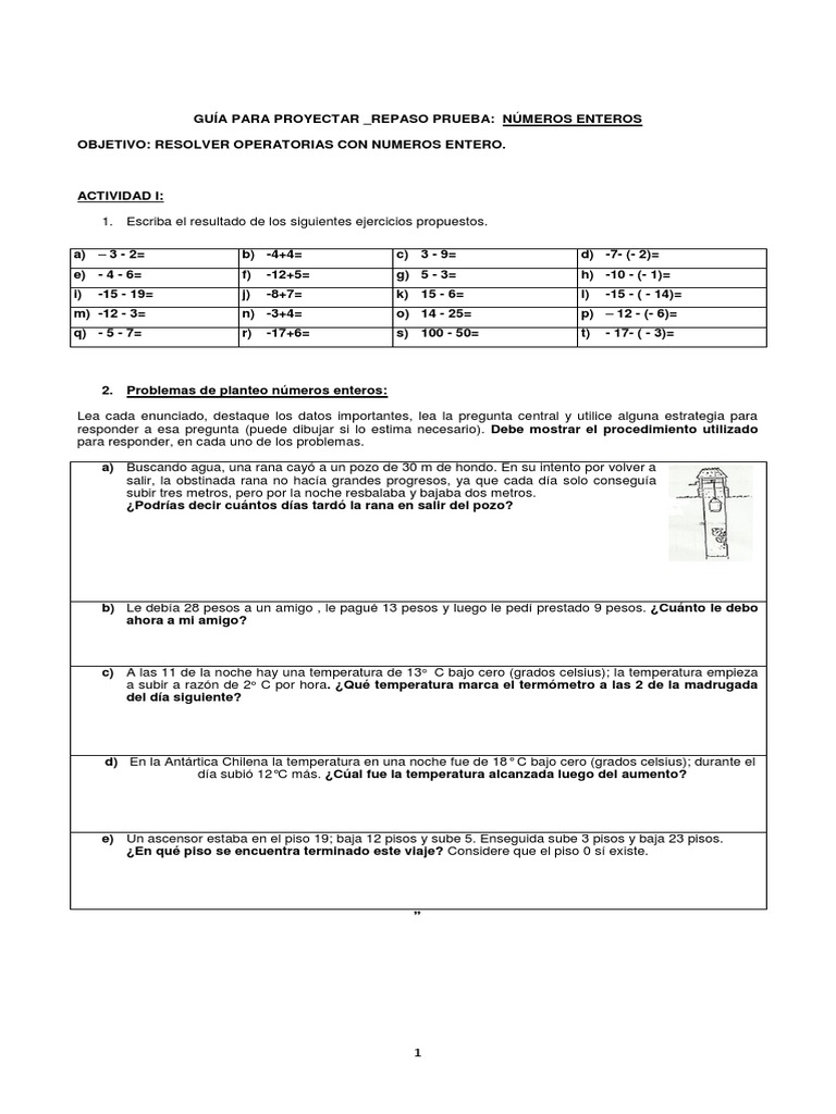 Guia para Proyectar - Numeros Enteros - 7° | PDF