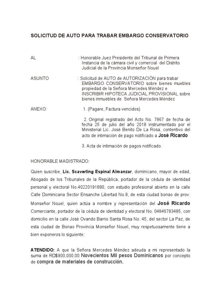 Solicitud de Auto para Trabar Embargo Conservatorio | PDF | Pagos | Bancos
