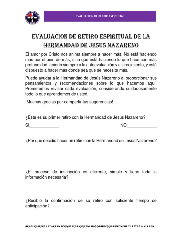 Evaluación del retiro espiritual de la Hermandad de Jesús Nazareno | PDF | Evaluación
