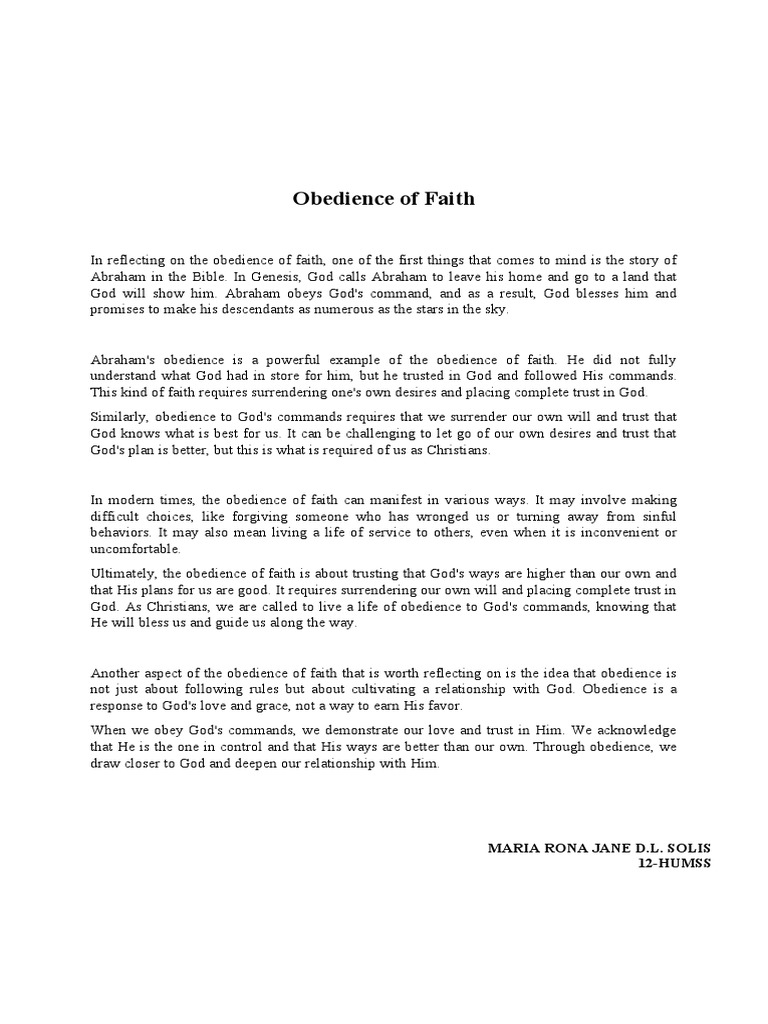 Obedience of Faith (REFLECTION PAPER) | PDF | Wellness