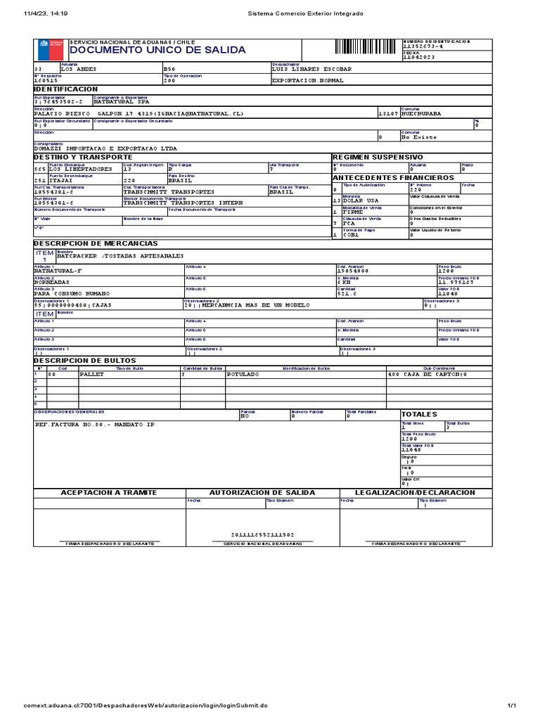 Documento Unico de Salida: Identificacion | PDF | Comercio | Exportaciones