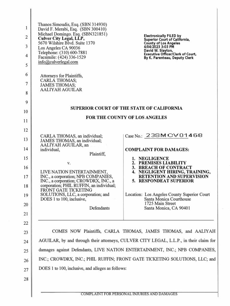 Thomas V Live Nation PDF Damages Negligence