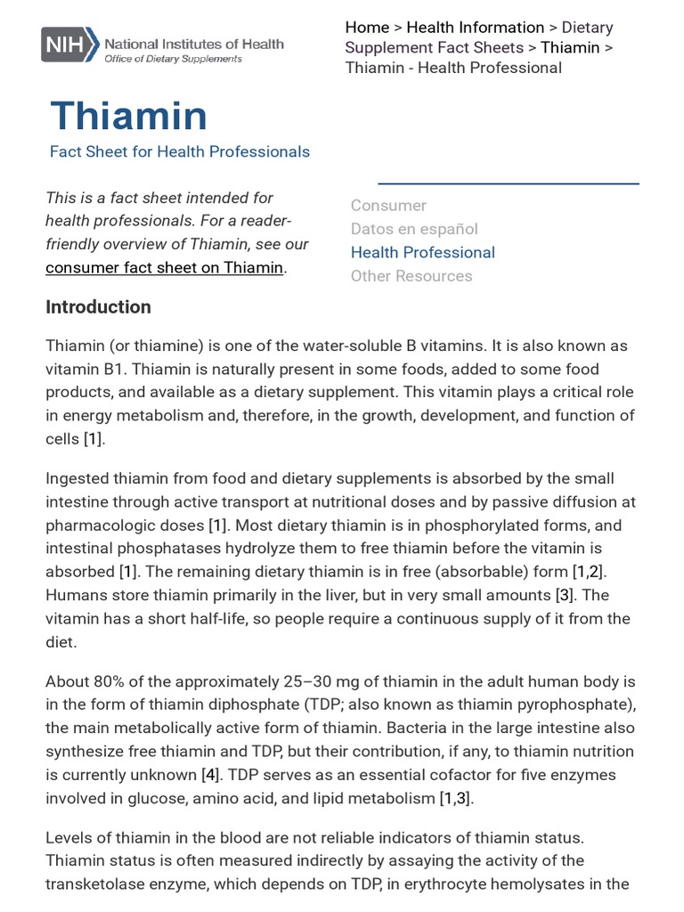 Thiamin - Health Professional Fact Sheet | PDF | Dietary Supplements ...