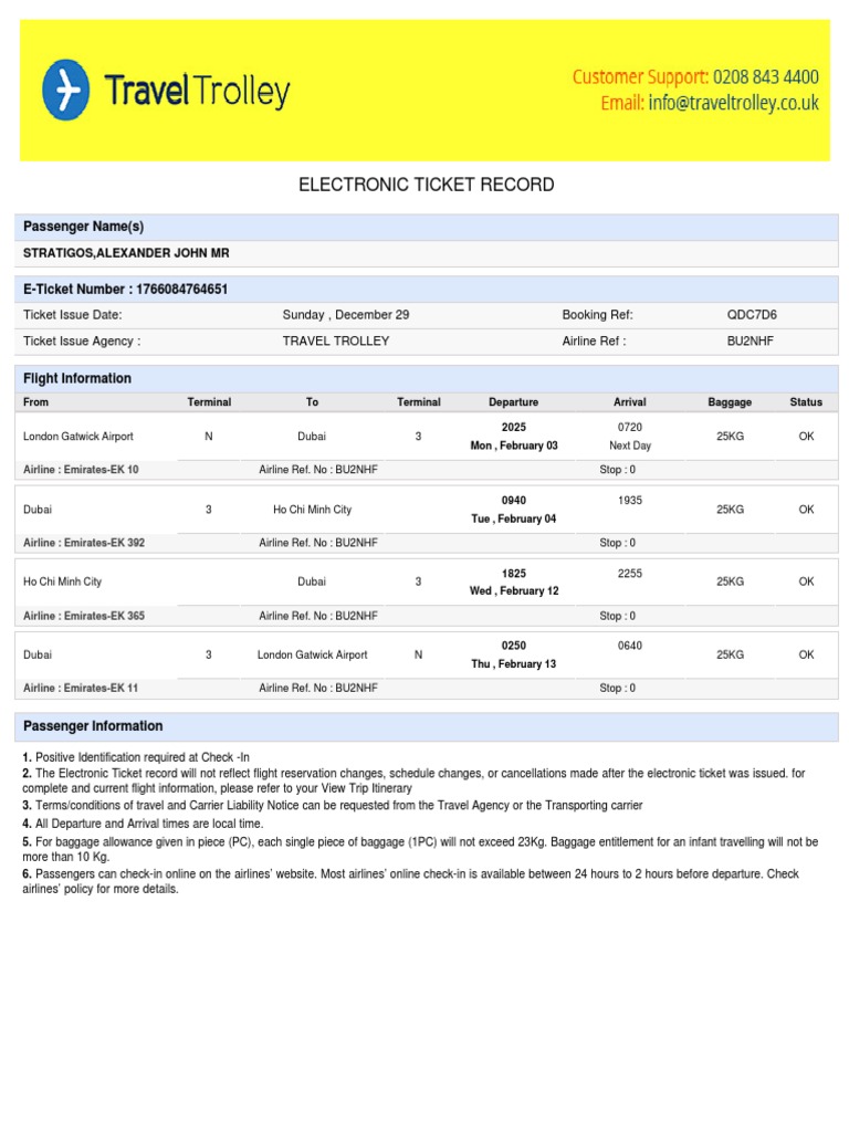 ELECTRONIC TICKET ITINERARY | PDF | Civil Aviation | Airlines