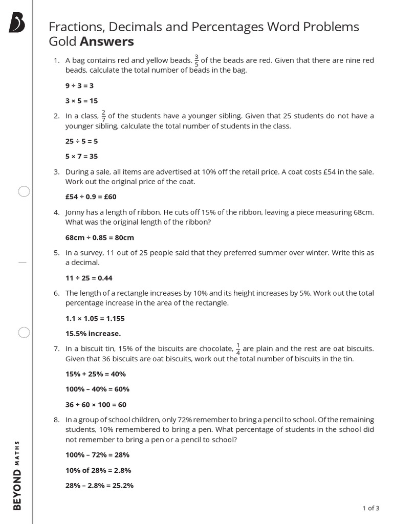 ANSWERS Word Probs Gold - Fractions, Decimals and Percentages | PDF ...