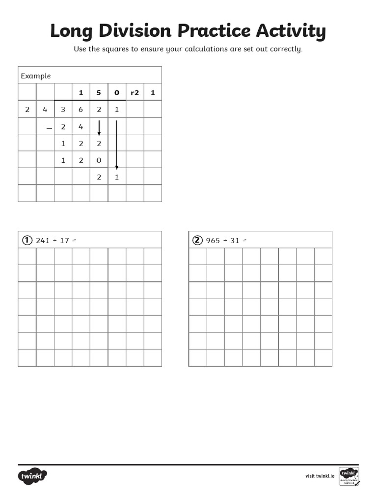 Long Division Practice Activity: Use The Squares To Ensure Your ...