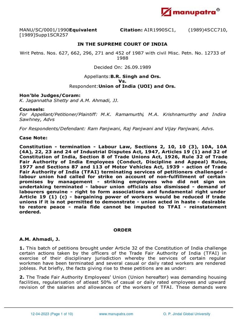 BR Singh and Ors Vs Union of India UOI and Ors 2600406s900419COM902130 | PDF | Trade Union ...