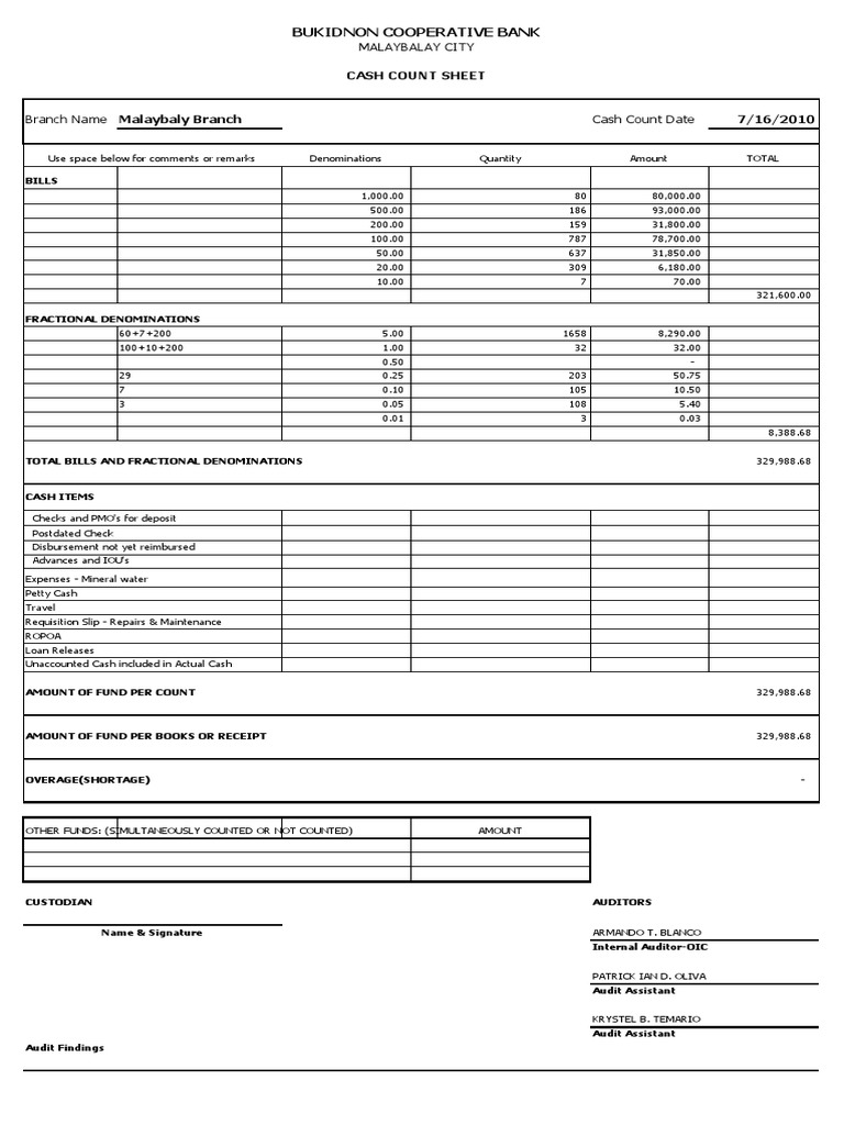 Cash Count Sheet | PDF