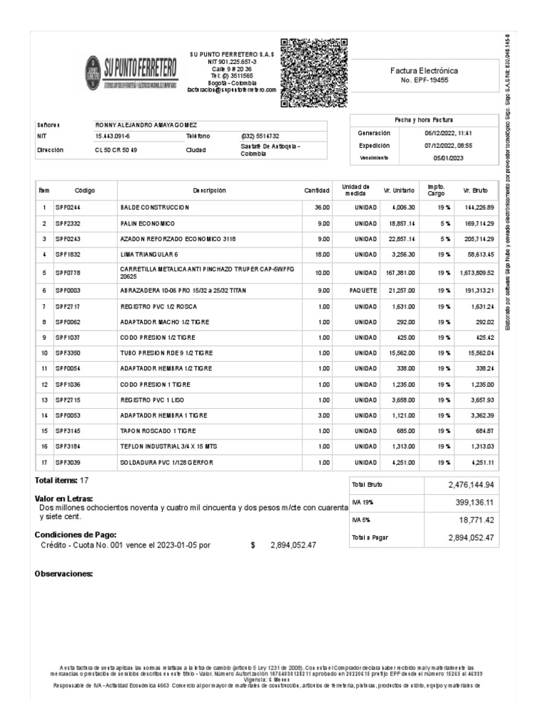 Factura Electrónica: Su Punto Ferretero S.A.S | PDF