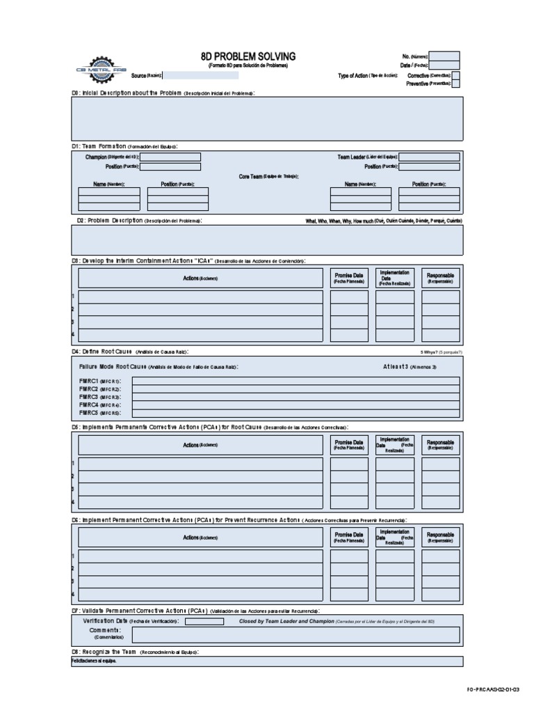 8D Problem Solving: (Formato 8D para Solución de Problemas) | PDF
