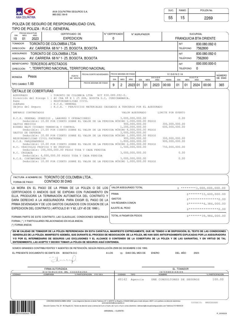 Poliza de Seguro de Responsabilidad Civil Tipo de Poliza: R.C.E. General | PDF | Seguro