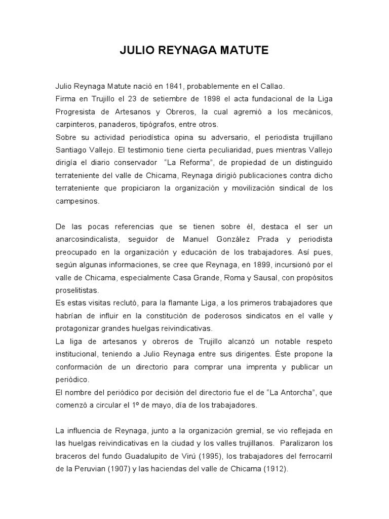 Julio Reynaga: Pionero del Anarcosindicalismo | PDF | Perú