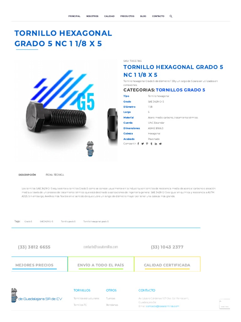 Tornillo Hexagonal Grado 5 | Descargar gratis PDF | Tornillo | Acero
