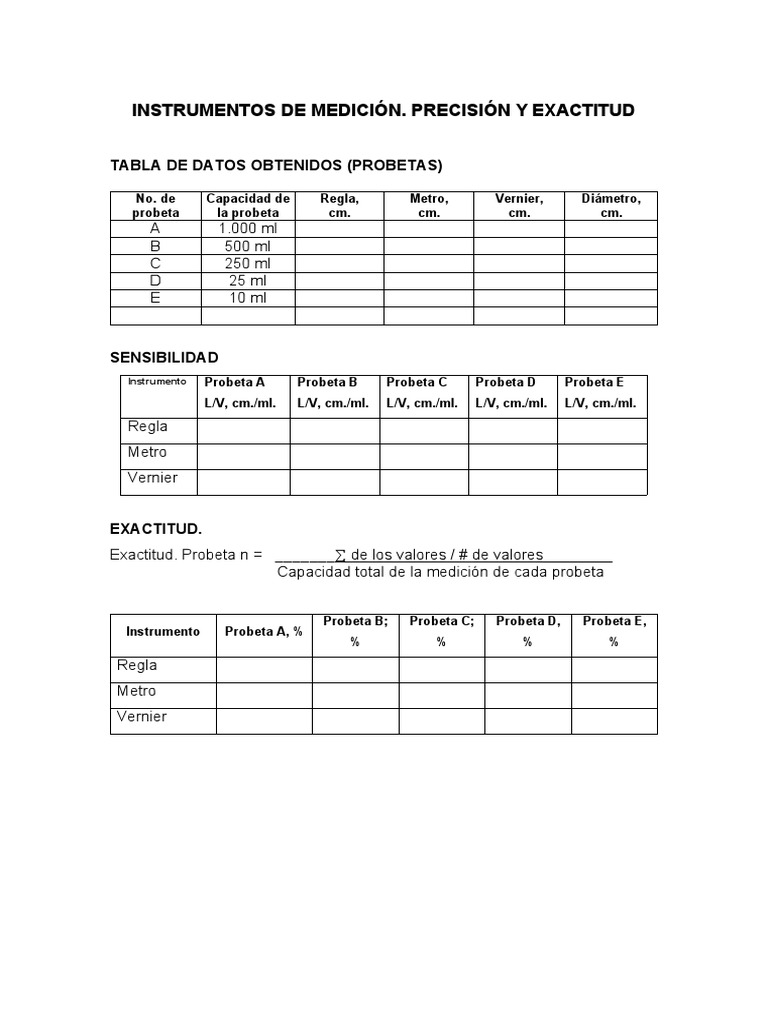 Instrumentos de Medición. Precisión Y Exactitud: Tabla de Datos ...