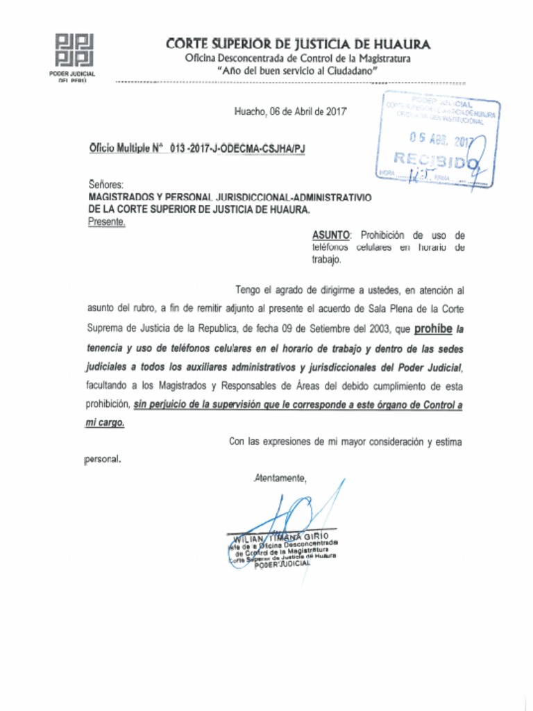 Odecma Huaura Oficio 013-2017-J-Odecma Prohibición de Uso de Teléfonos Celulares en Horario de ...