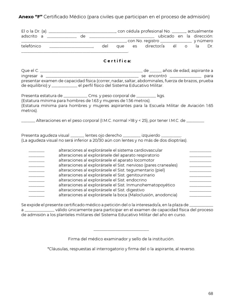 Anexo "F" Certificado Médico (Para Civiles Que Participan en El Proceso de Admisión) | PDF ...
