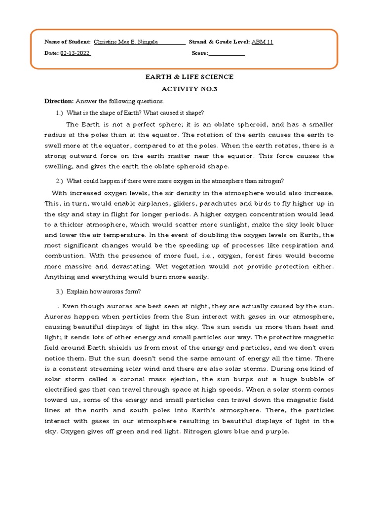 Earth & Life Science Activity No.3: Direction: Answer The Following ...