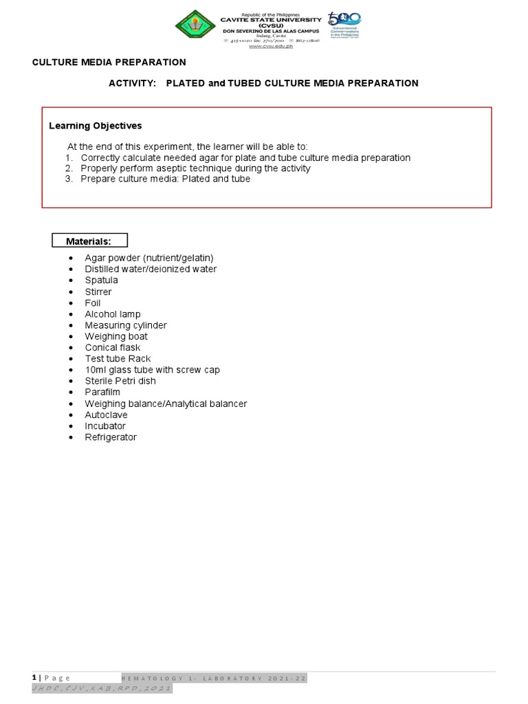 PLATED and TUBED CULTURE MEDIA PREPARATION | PDF | Agar | Growth Medium