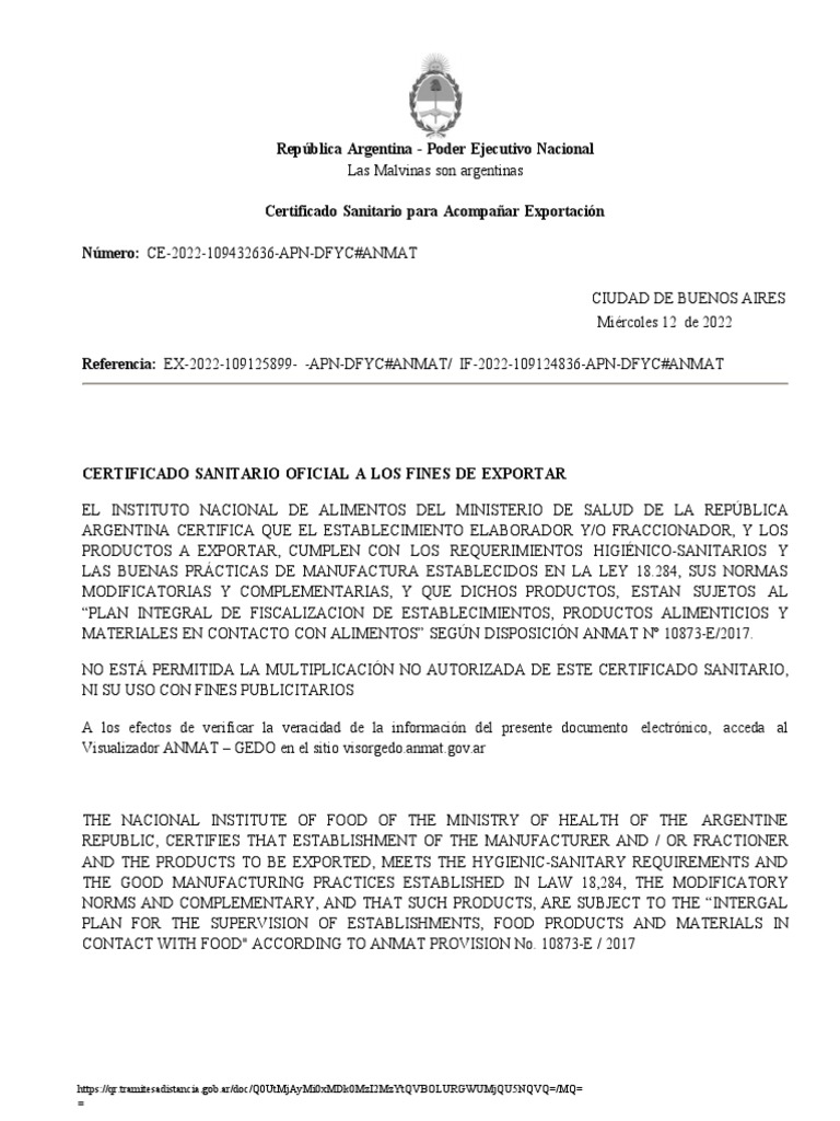 Certificado Sanitario 13 | PDF