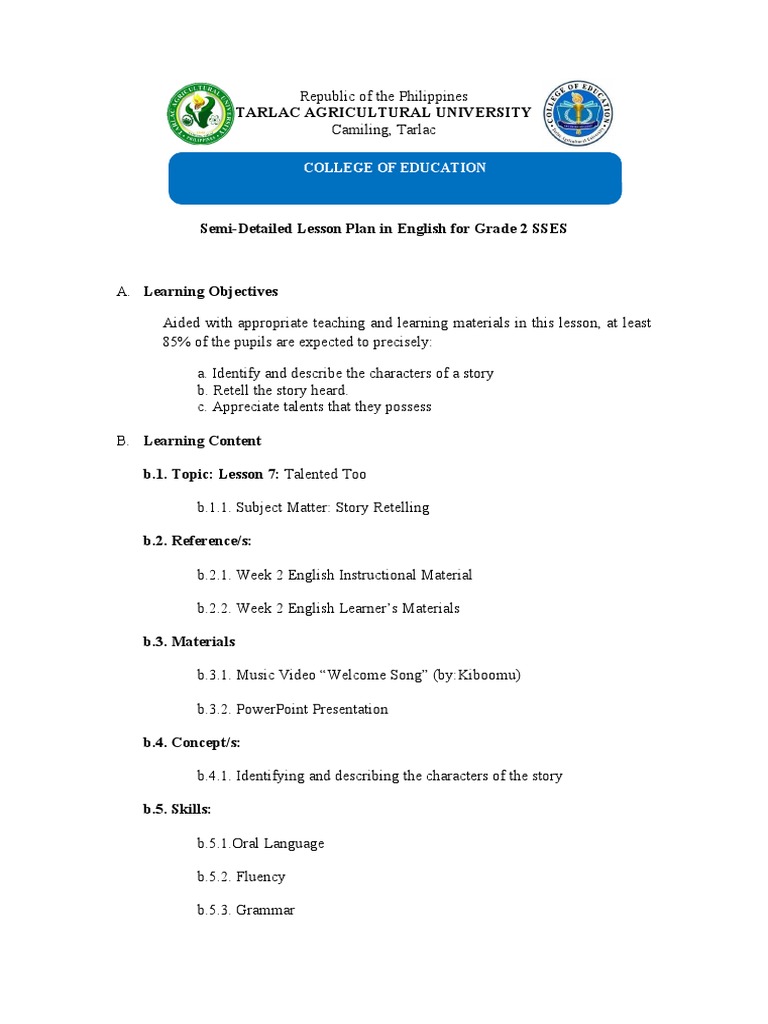 Semi Detailed Lesson Plan in English Lesson 7 Talented Too | PDF | Lesson Plan | Learning