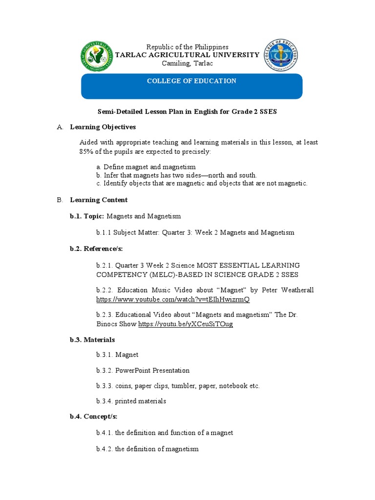 Semi Detailed Lesson Plan in Science Lesson Magnets and Magnetism | PDF ...