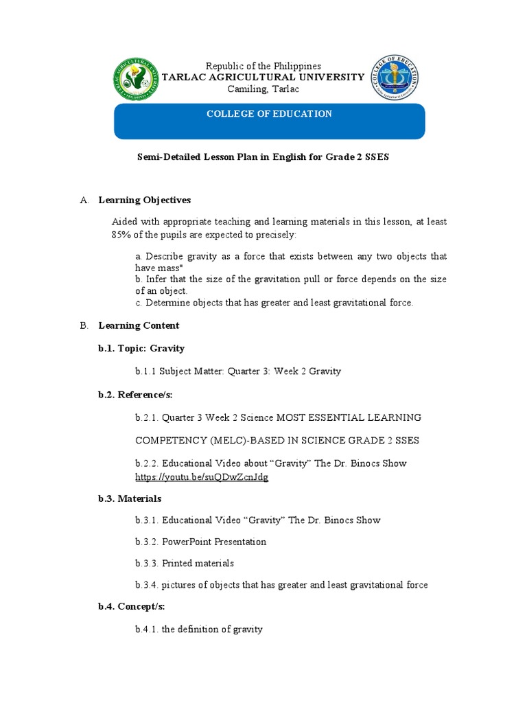 Semi Detailed Lesson Plan in Science Lesson Gravity | PDF | Gravity | Force