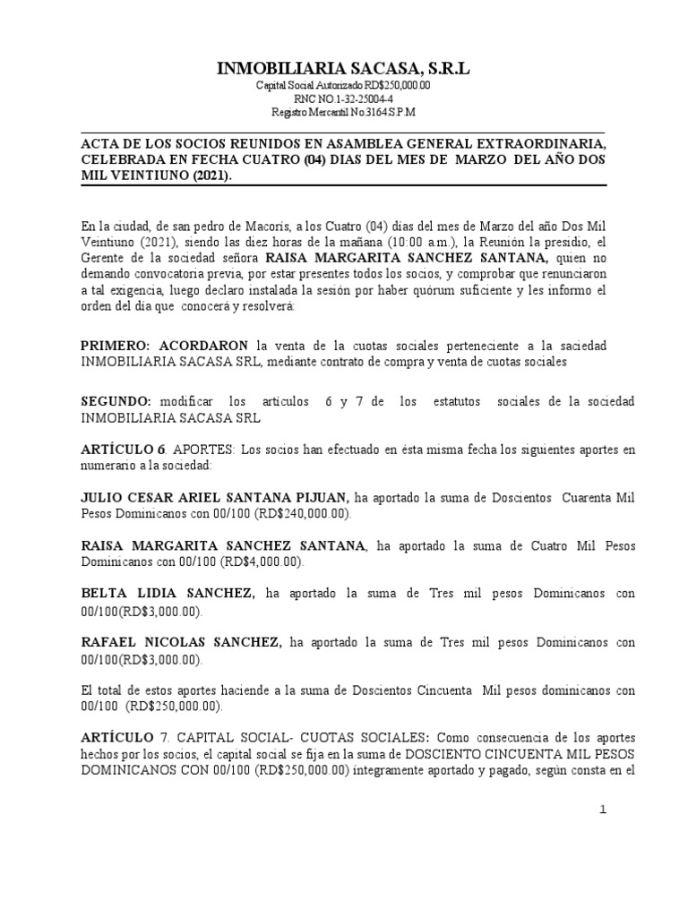 Asamblea de La Emresa Inmobiliaria Sacasa | PDF