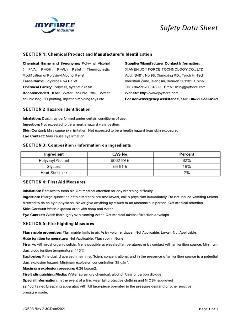 PVA Safety Data Sheet | PDF | Combustion | Toxicity