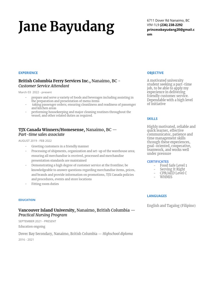 Resume Jane 1 | PDF | British Columbia