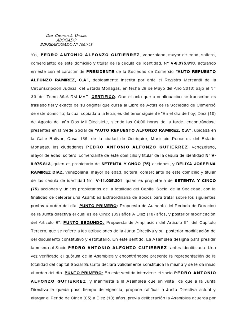 ACTA Asamblea AUTO REPUESTOS ALONZO RAMIREZ | PDF