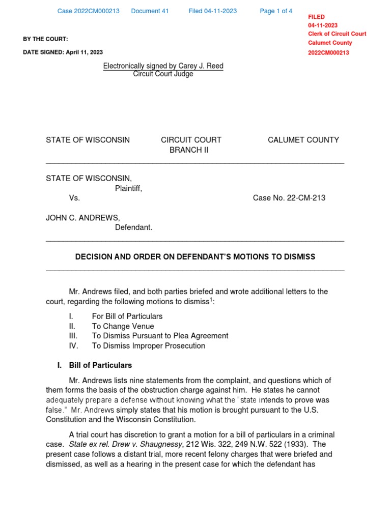 Legal Ruling on Dismissal Motions | PDF | Wisconsin Circuit Courts ...