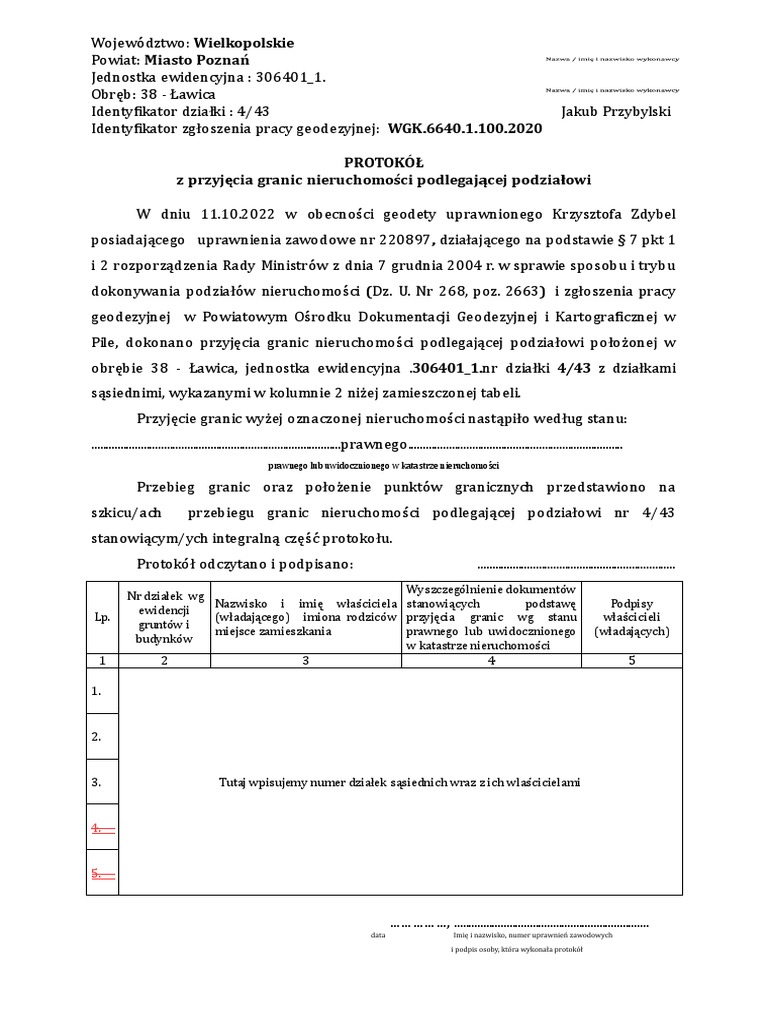 05c Protokół Z Przyjecia Granic Nieruchomości Podlegającej Podziałowi - Docx - Dokumenty Google ...