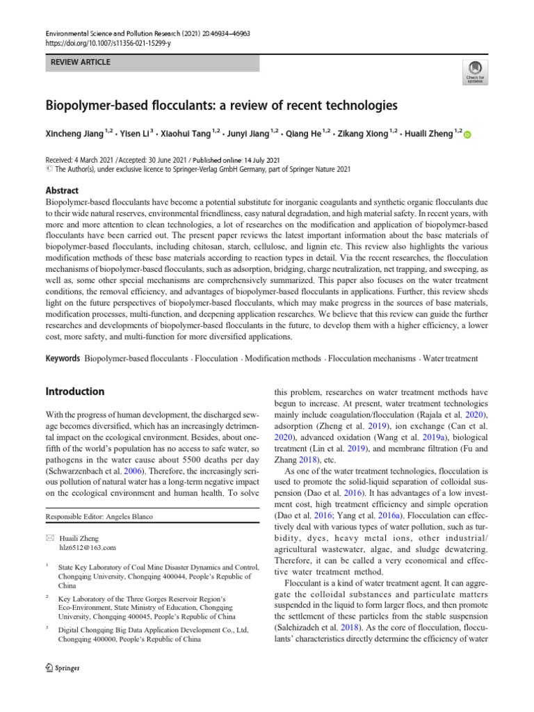 Biopolymer-Based Flocculants: A Review of Recent Technologies | PDF | Water Purification | Ester
